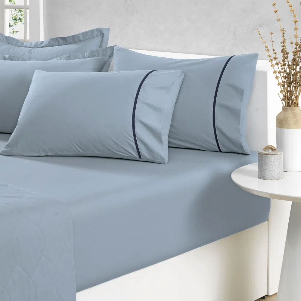 Jogo de Cama 3 Peças Liam Azul Marinho King 180 Fios 1,93m x 2,03m Karsten